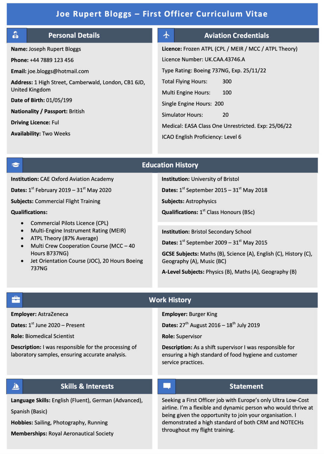 Free Airline Pilot Example CV Resume Templates FDF Free Airline Pilot Example CV Resume Templates FDF